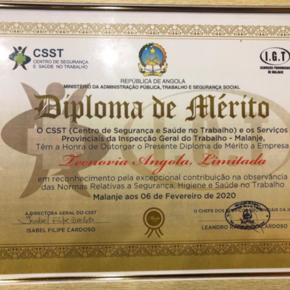 Tecnovia Angola recebe Diploma de Mérito em Segurança, Higiene e Saúde ...